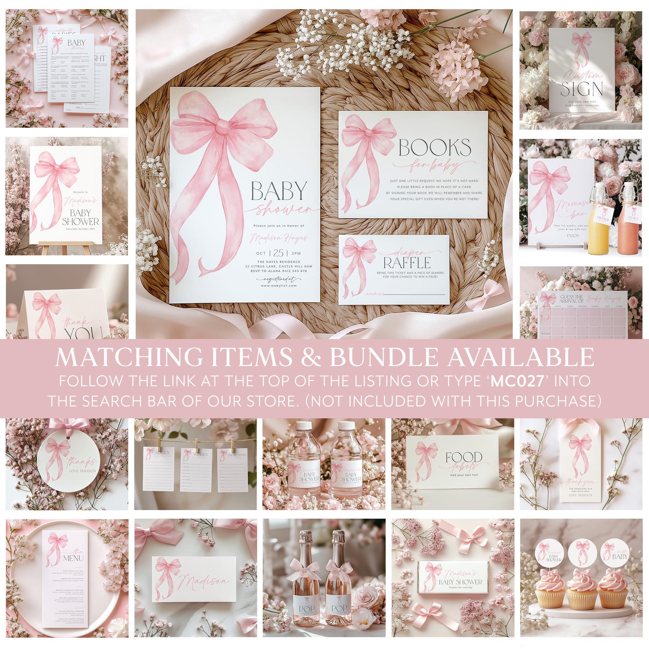 Pink Bow Welcome Sign, Pink Bow Baby Shower Welcome Sign Printable ...