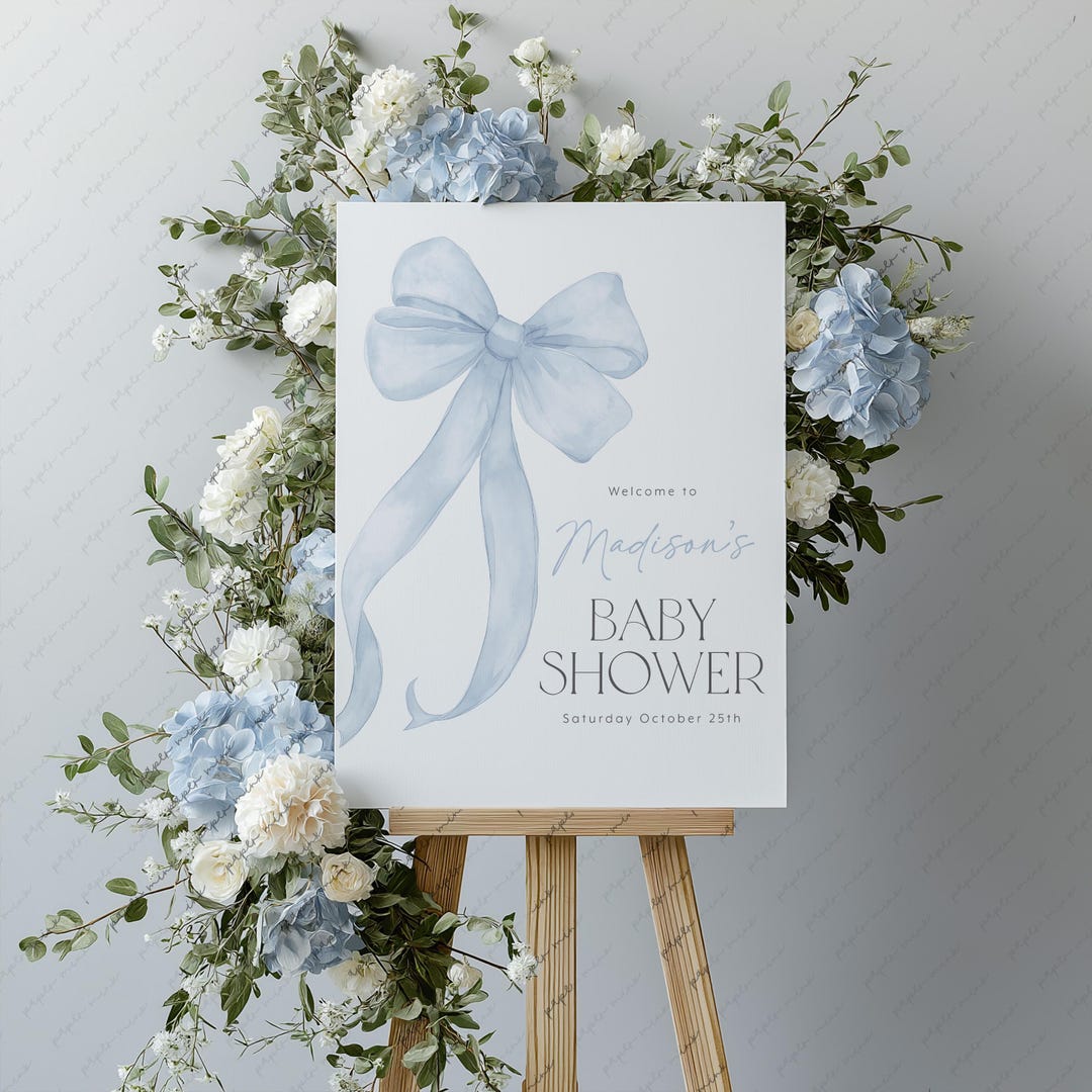 Blue Bow Welcome Sign, Blue Bow Baby Shower Welcome Sign Printable ...