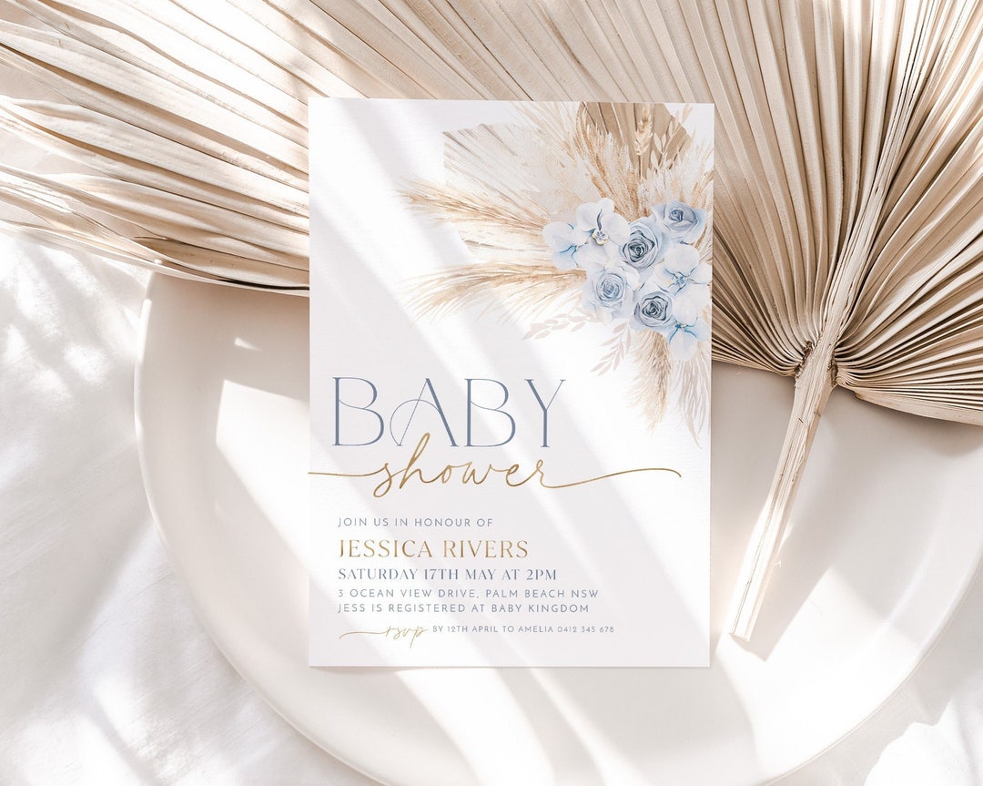 Blue Boho Baby Shower Invitation, Boy Baby Shower Invite, Blue Floral ...