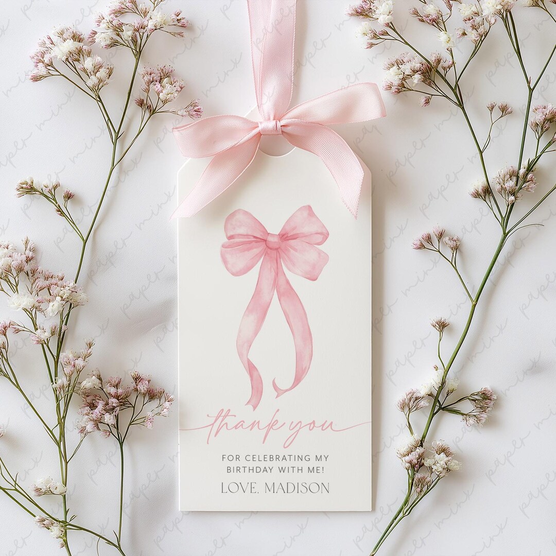 Printable Pink Bow Favor Tags, Pink Bow 1st Birthday Favour Tags, Pink ...
