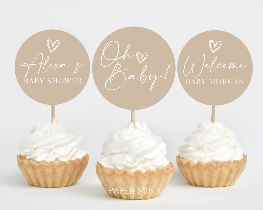 Neutral Cupcake Toppers, Minimal Baby Shower Cupcake Toppers, Printable ...