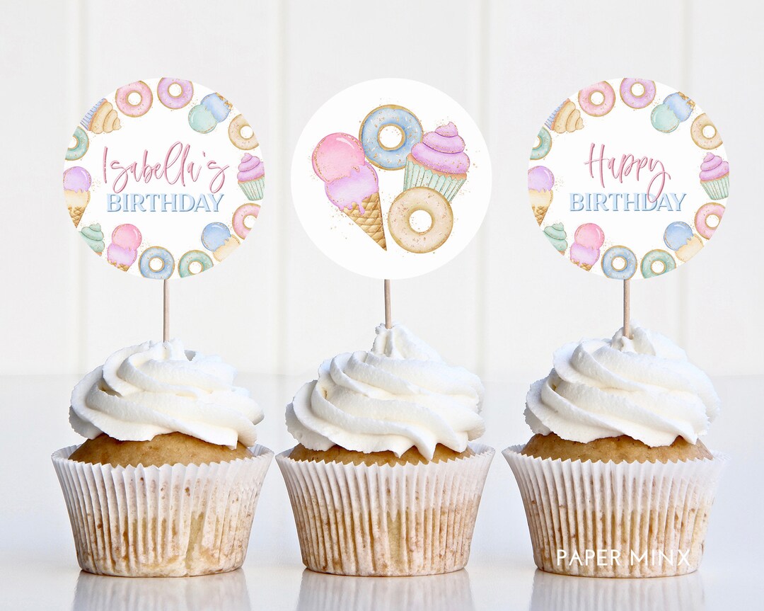 Sweet One Cupcake Toppers, Printable Cupcake Topper, Pastel Icecream ...