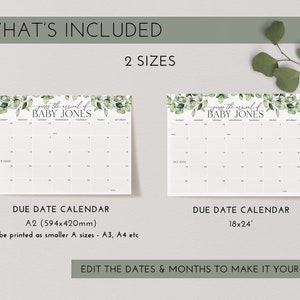 Baby Shower Due Date Calendar, Greenery Baby Birth Date Sign, Guess the ...