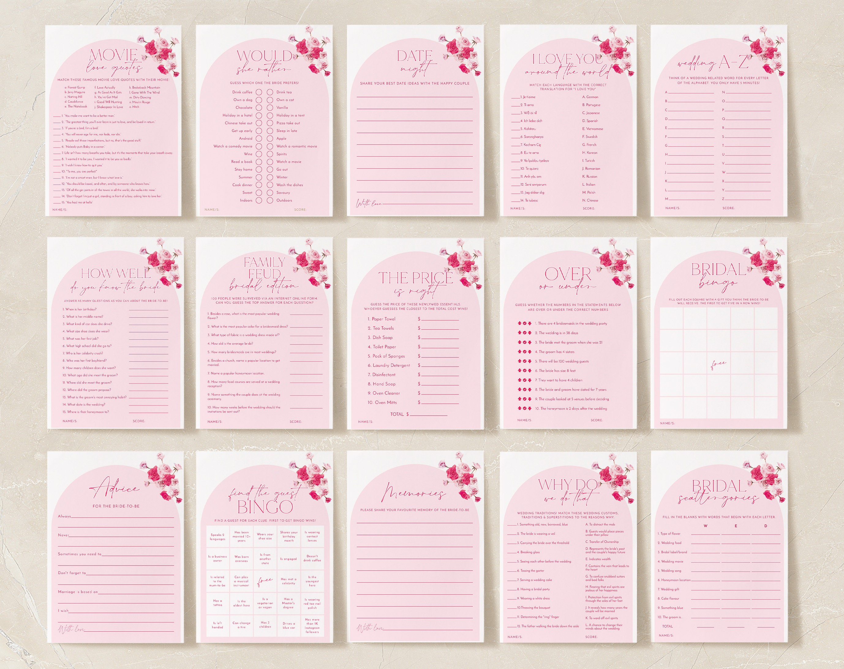 Pink Floral Bridal Shower Games Hot Pink Floral Bridal Games - Etsy UK