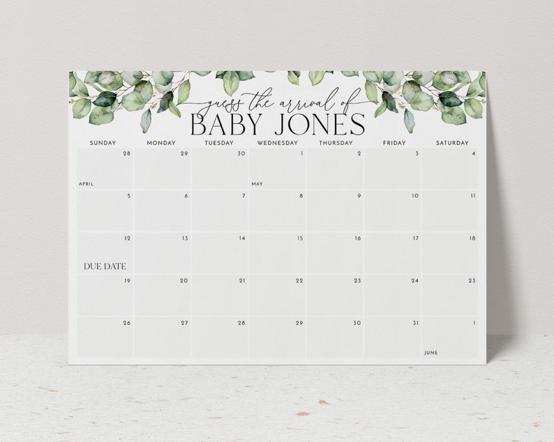 Baby Shower Due Date Calendar Greenery Baby Birth Date Sign - Etsy