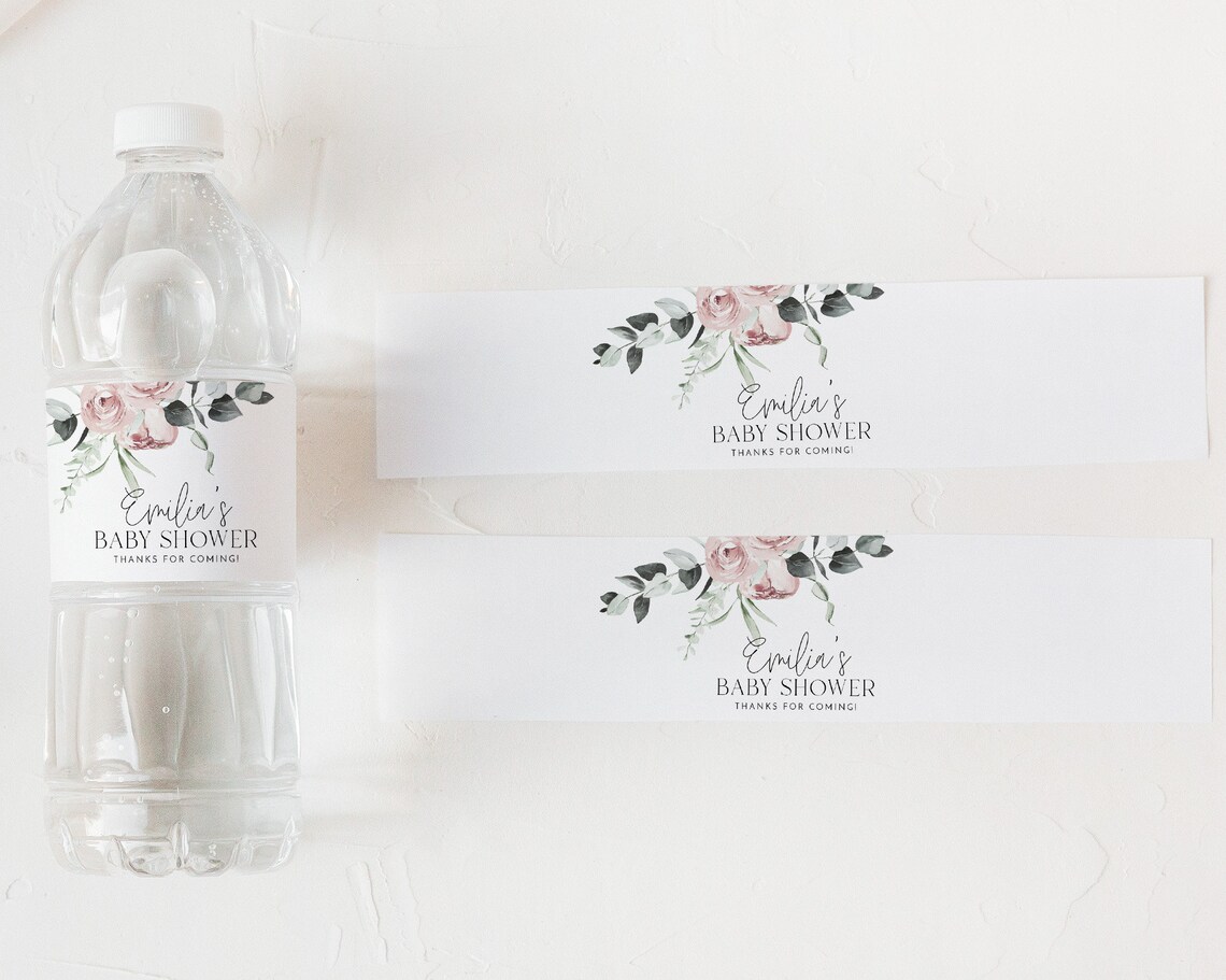Pink Floral Water Bottle Label, Baby Shower Water Label, Printable ...