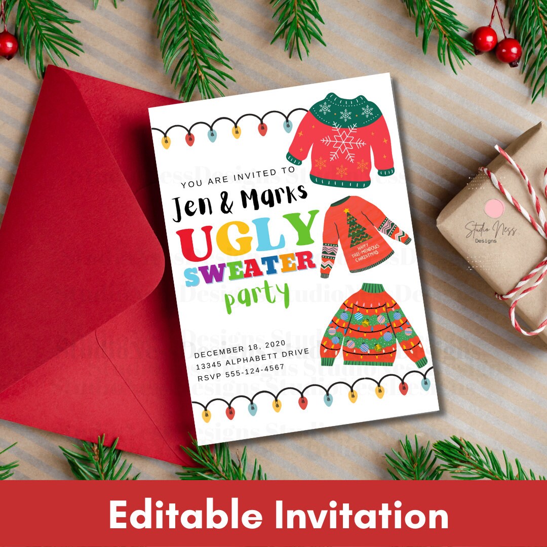 Editable Ugly Sweater Party Invitation, Christmas Party Invitation ...