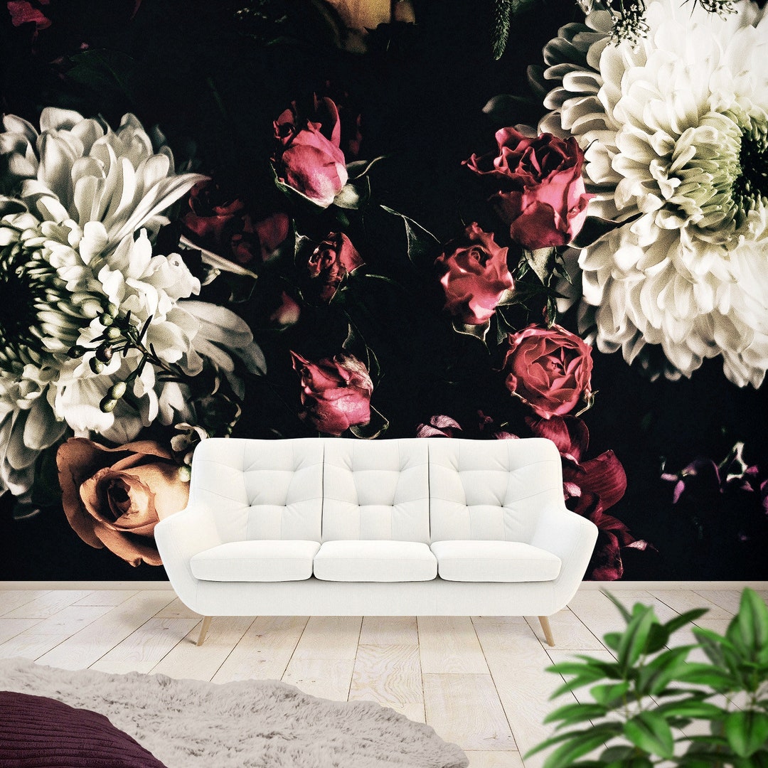 Dark Floral Wallpaper,floral Wallpaper,removable Wallpaper,self ...