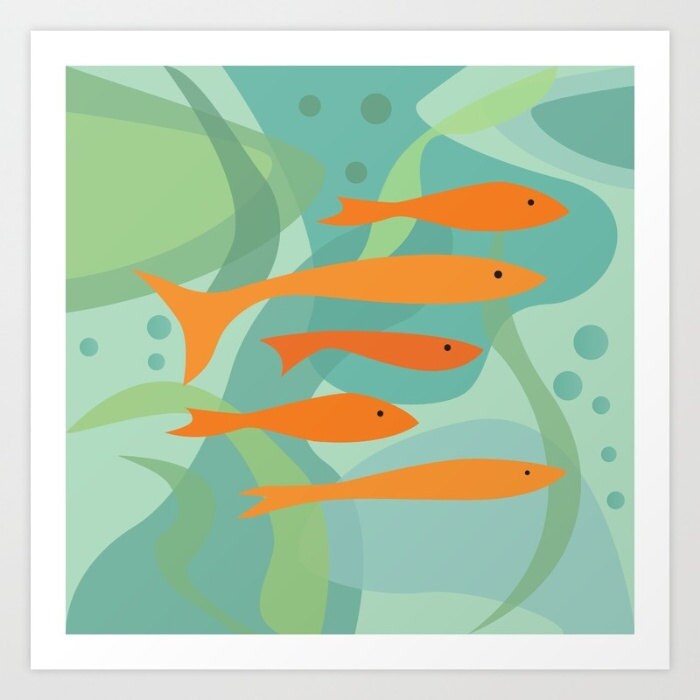 Orange Fish and Seaweedart Printanimal Art Printmid Century - Etsy