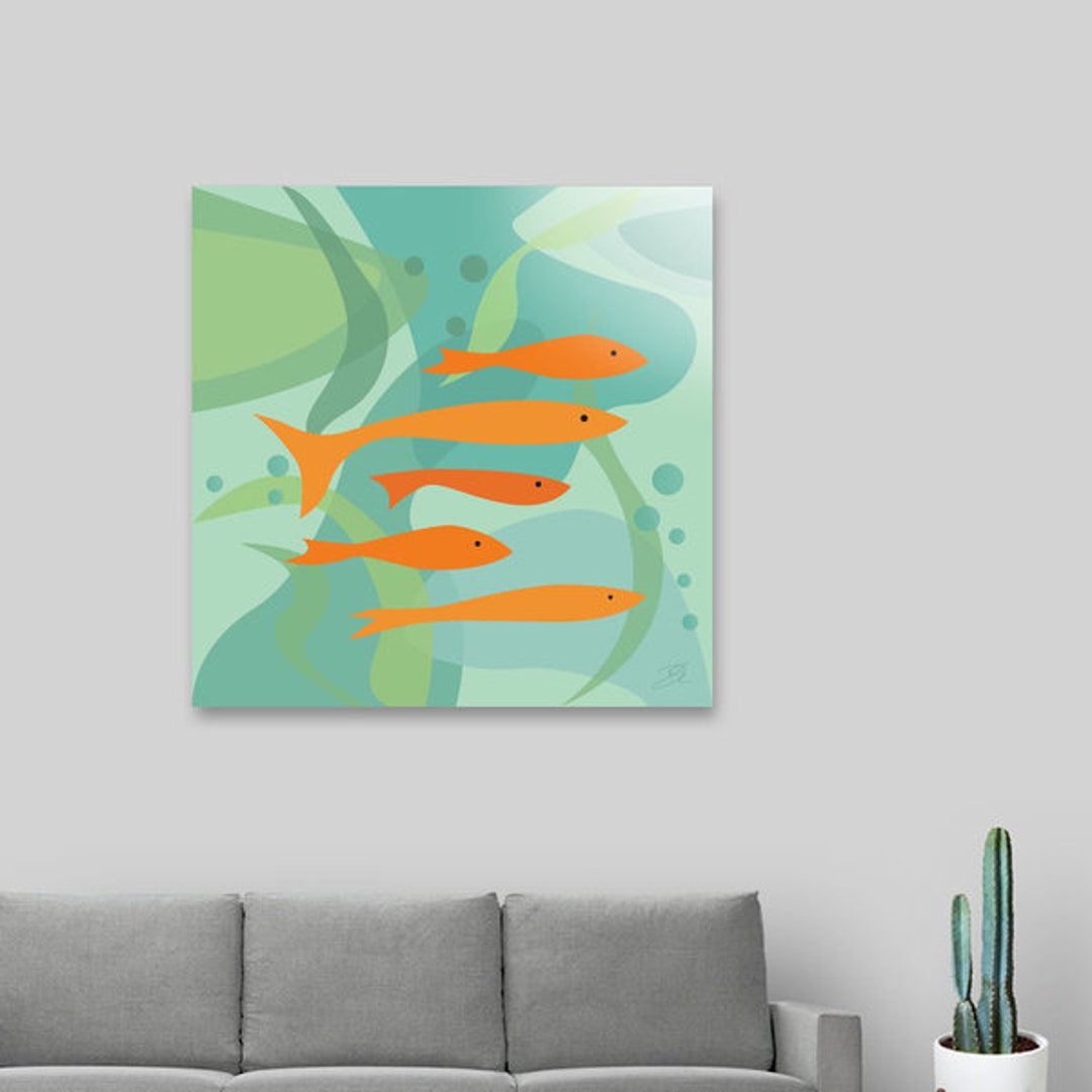 Orange Fish and Seaweed,art Print,animal Art Print,mid Century Modern ...
