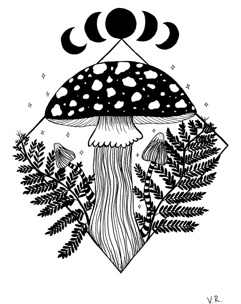 Enchanted Mushroom, Whimsical Art, Magical, Moon Art, Mushrooms, Ink on ...