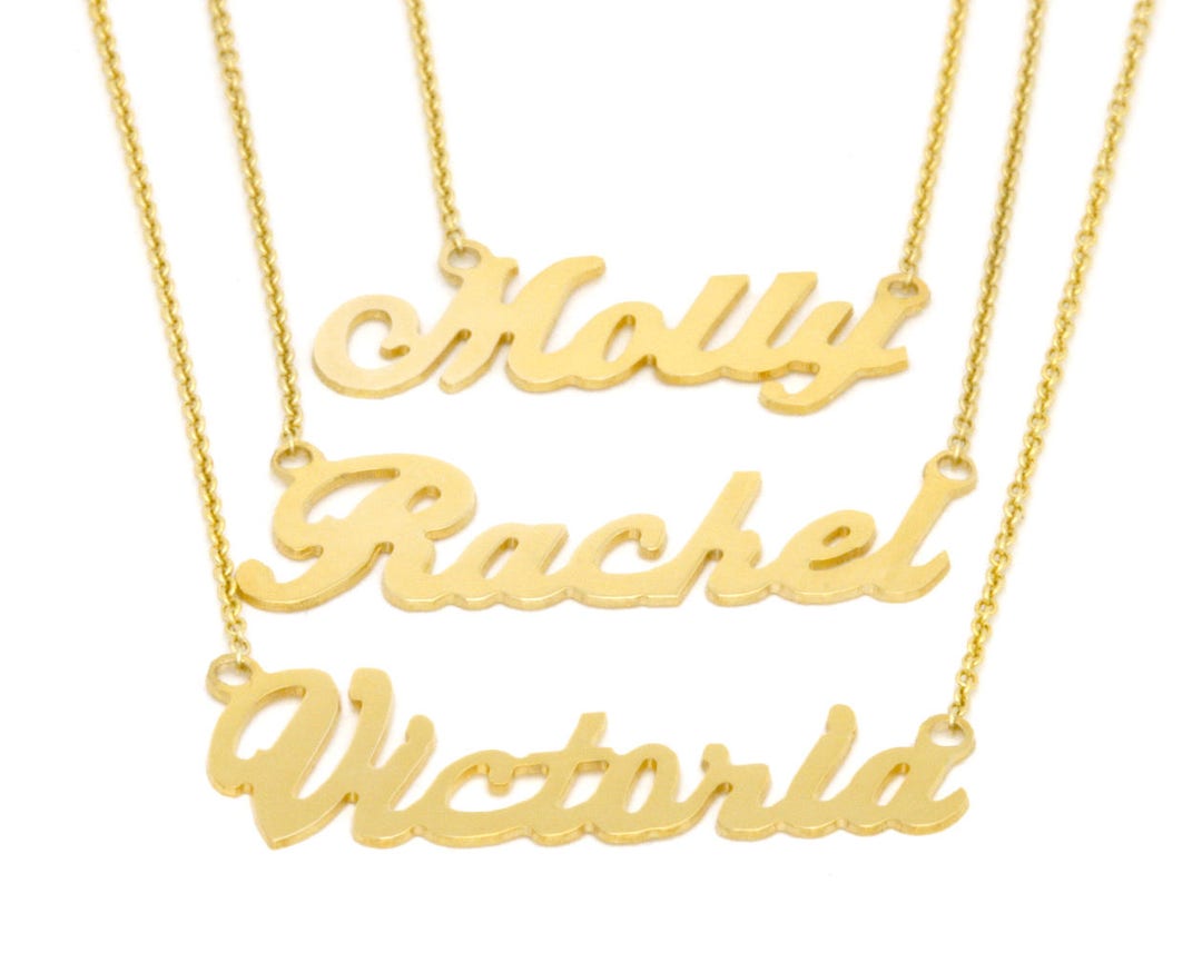 14K Solid Yellow Gold Name Plate Necklace custom Script Name - Etsy