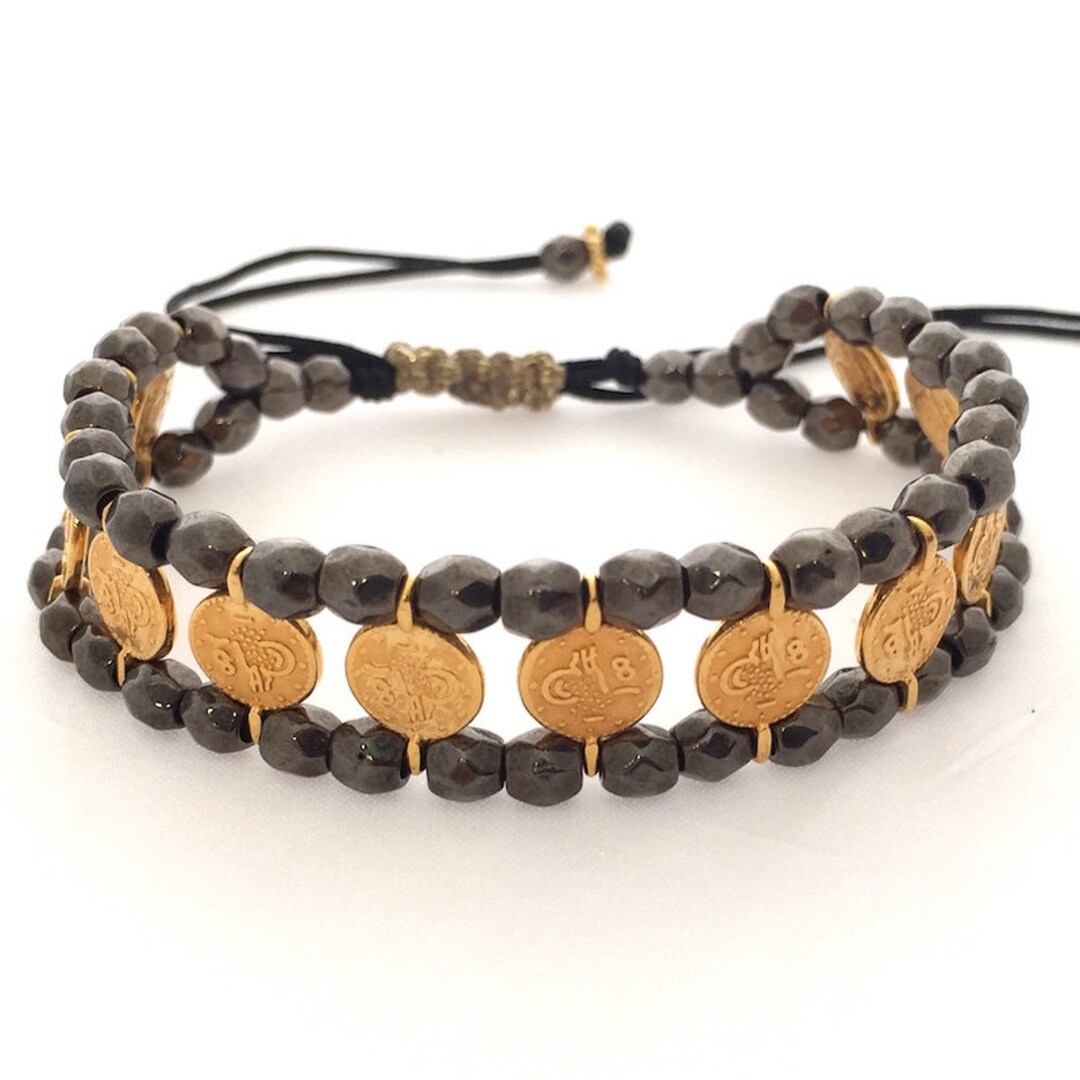 Bracelet, Hematite and Gilded Brass Coins - Etsy