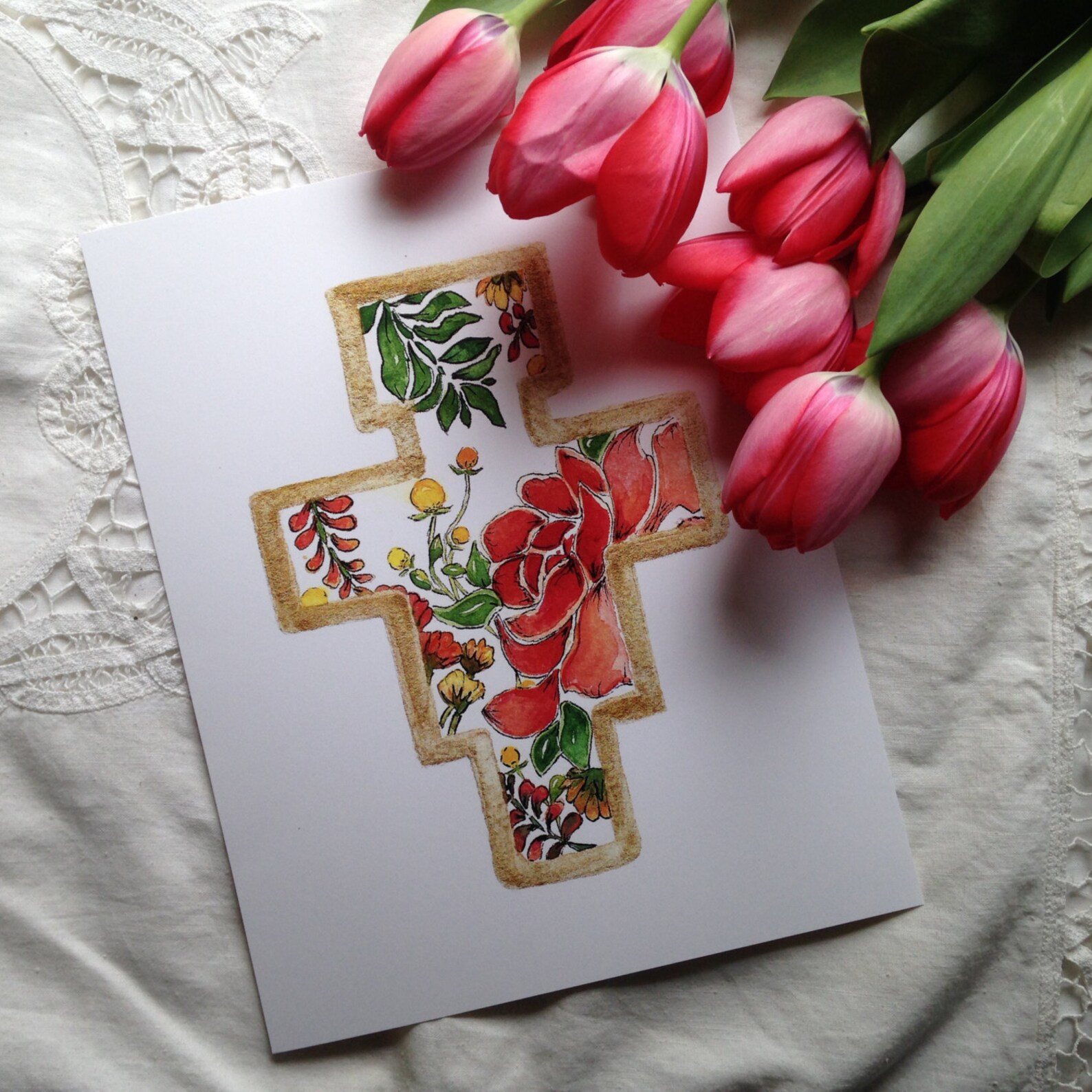 Florentine Floral Illustrated Cross Print without Text - Etsy