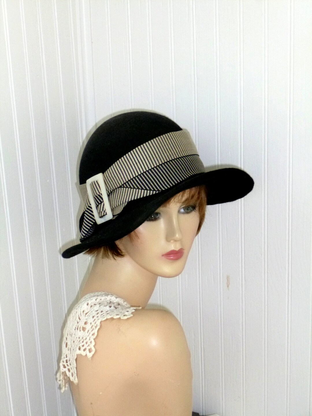 Vintage Inspired 1920's - Wide Posable Brim, Black Wool Hat - Downton ...