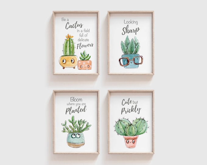 Cactus Plant Print Set of 4 Cute Character Cacti in Pots Print, Funny ...