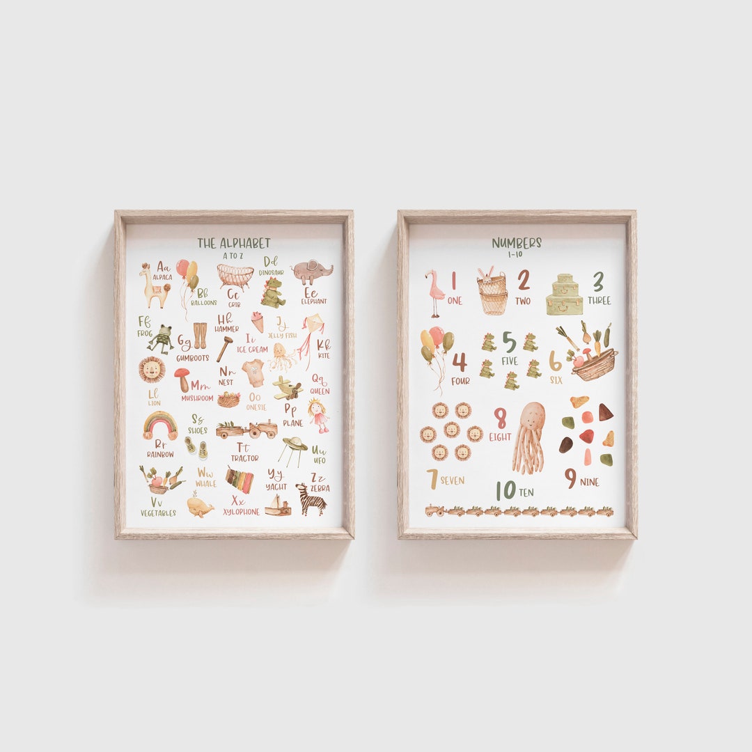 Alphabet & Numbers Wall Print Set, Educational Kids Bedroom Wall Art ...