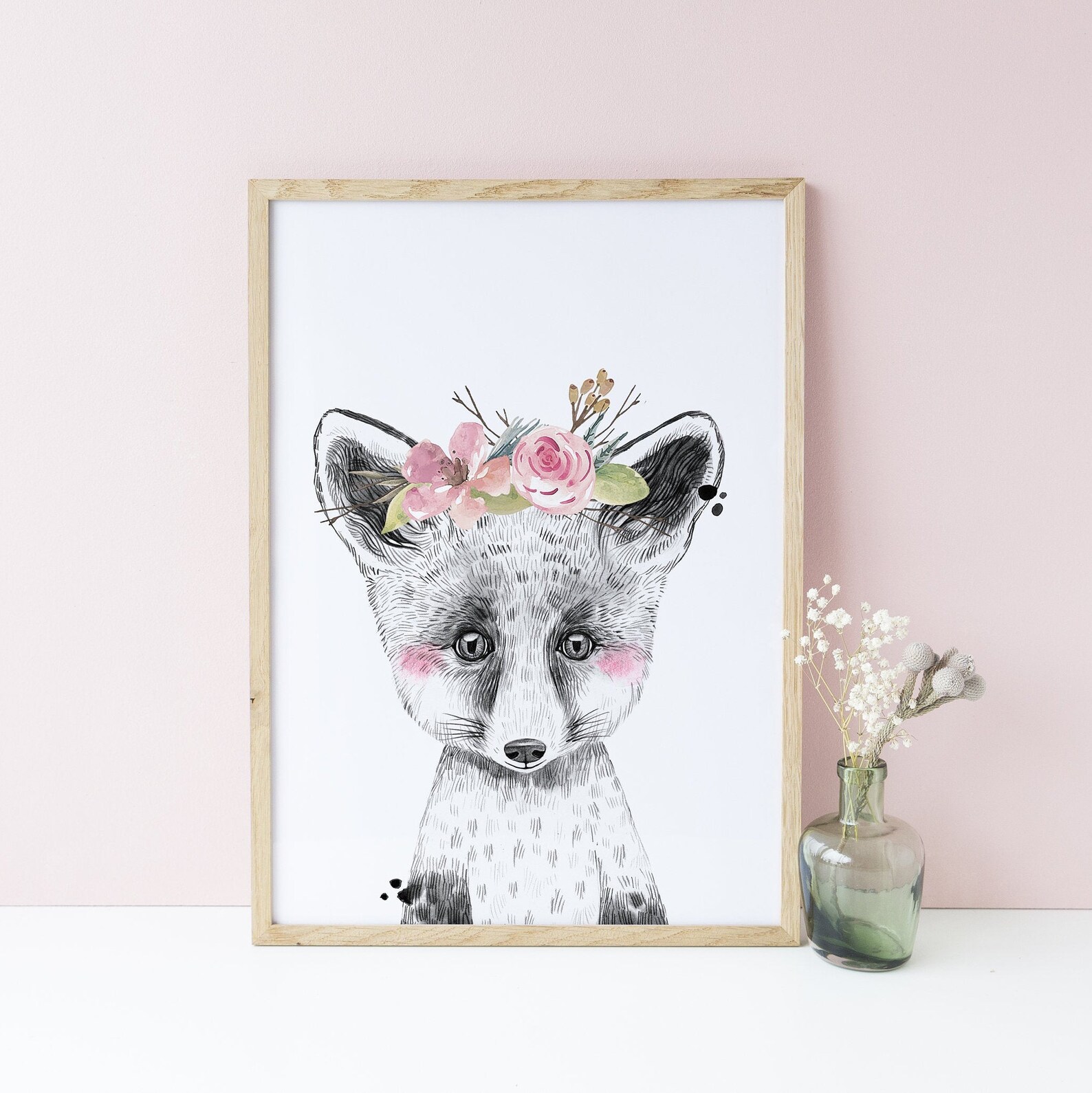 Pink Floral Woodland Animals Nursery Art Decor Set of 4 | Etsy