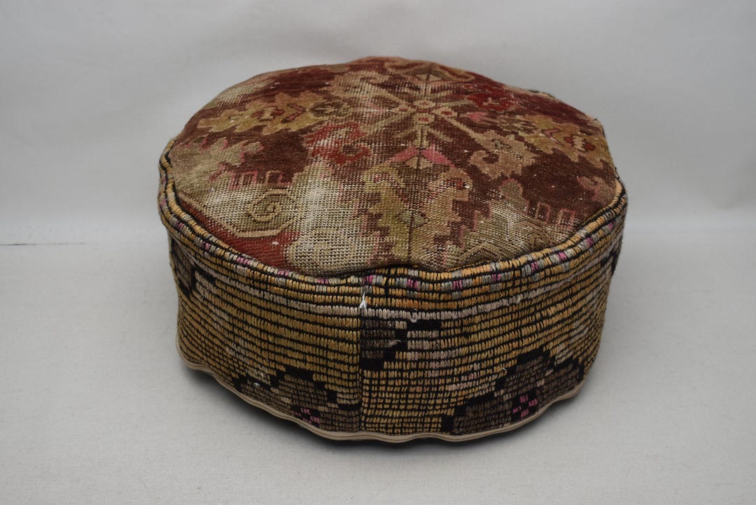 Round Pouf, Handwoven Kilim Pouf, Floor Pouf, Turkish Kilim Pouf ...