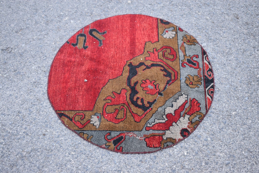 Red Circle Rug, Round Rug, Turkish Rug, Circle Rug, Handmade Rug, 2.7 X ...