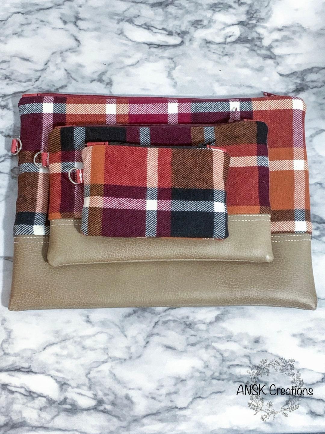 Fall Plaid Zipper Bag, Small Plaid Coin Purse, Medium Leather and Plaid ...