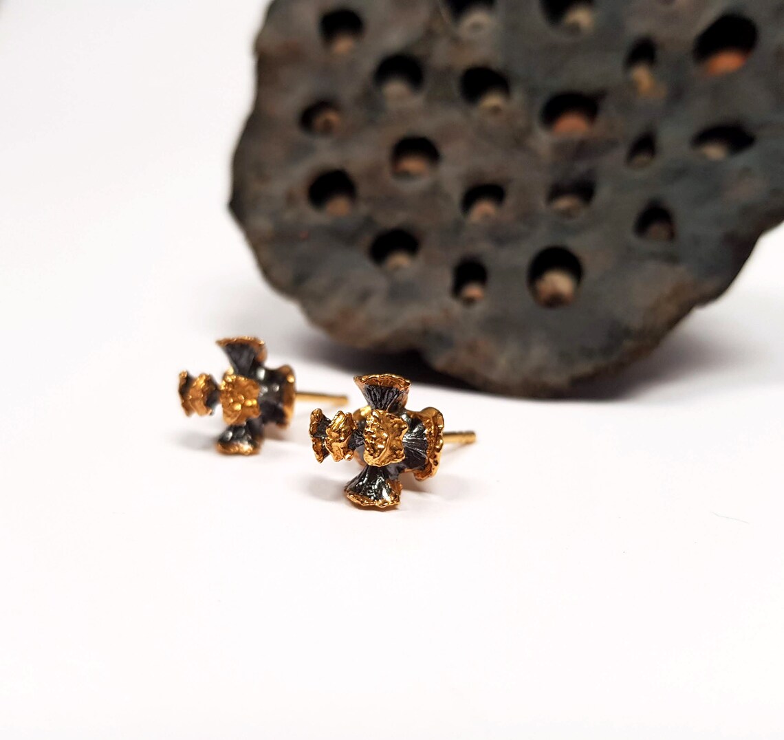 Unique Stud Earrings Two Tone Earrings Gold Stud Earrings - Etsy