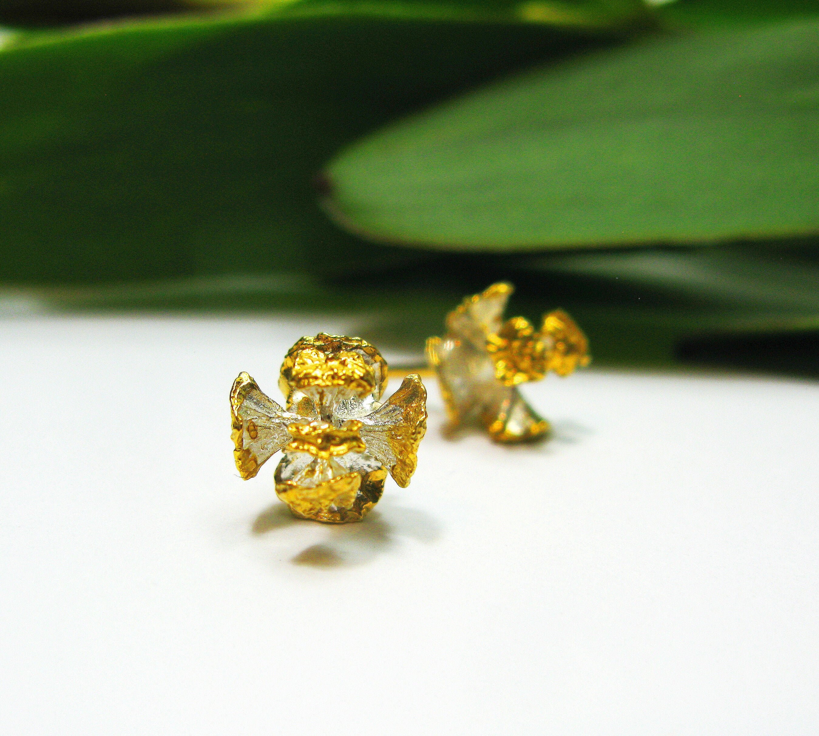 Unique Stud Earrings Two Tone Earrings Gold Stud Earrings - Etsy