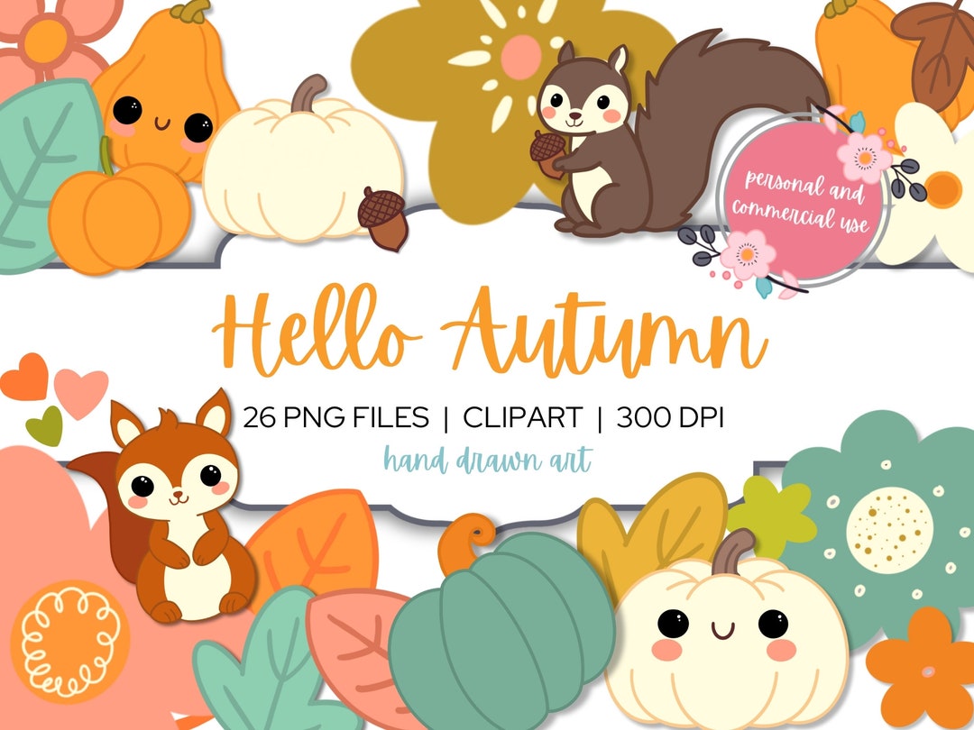 Cute Fall Clipart, Happy Hand-drawn Squirrels, Pumpkins, Leaves, and ...