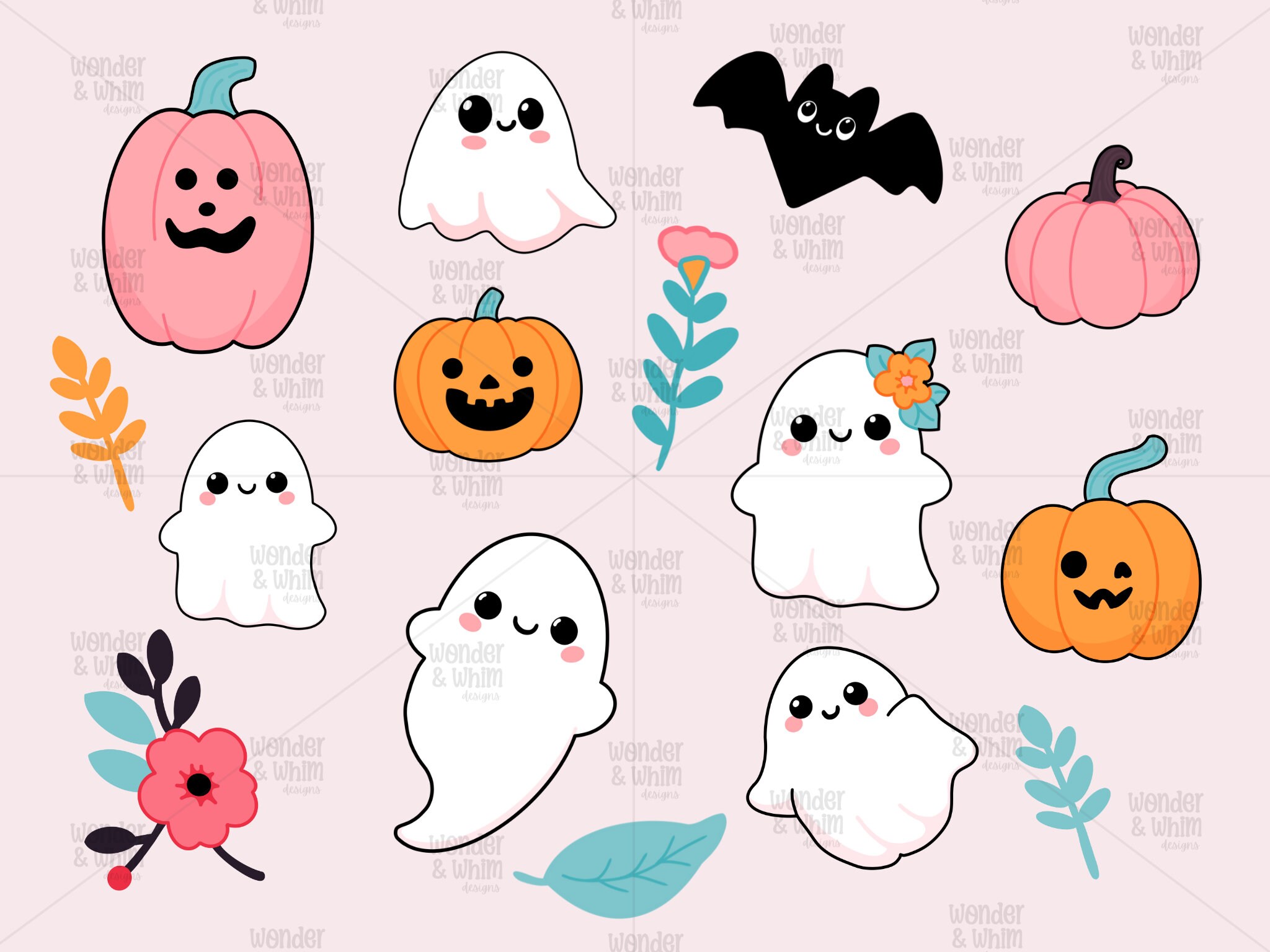 Cute Halloween Clipart, Happy Hand-drawn Ghosts and Bats, Pumpkin Clip ...