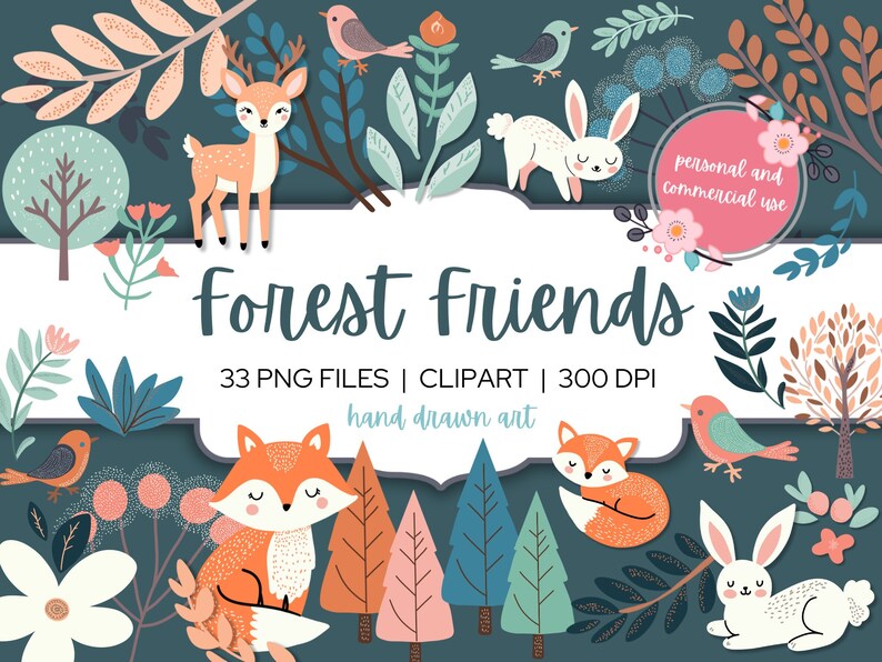 Cute Fall Clipart, Happy Hand-drawn Deer, Bunnies, Fox, Birds, and ...