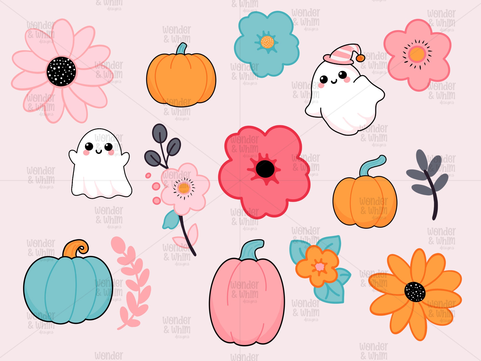 Cute Halloween Clipart, Happy Hand-drawn Ghosts and Bats, Pumpkin Clip ...