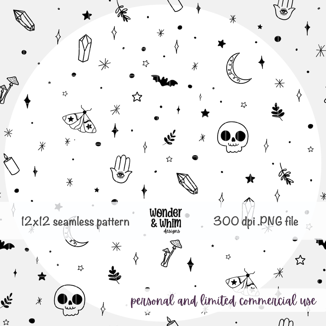 Black & White Mystical Witchy Line Art Seamless Digital Scrapbook Paper ...