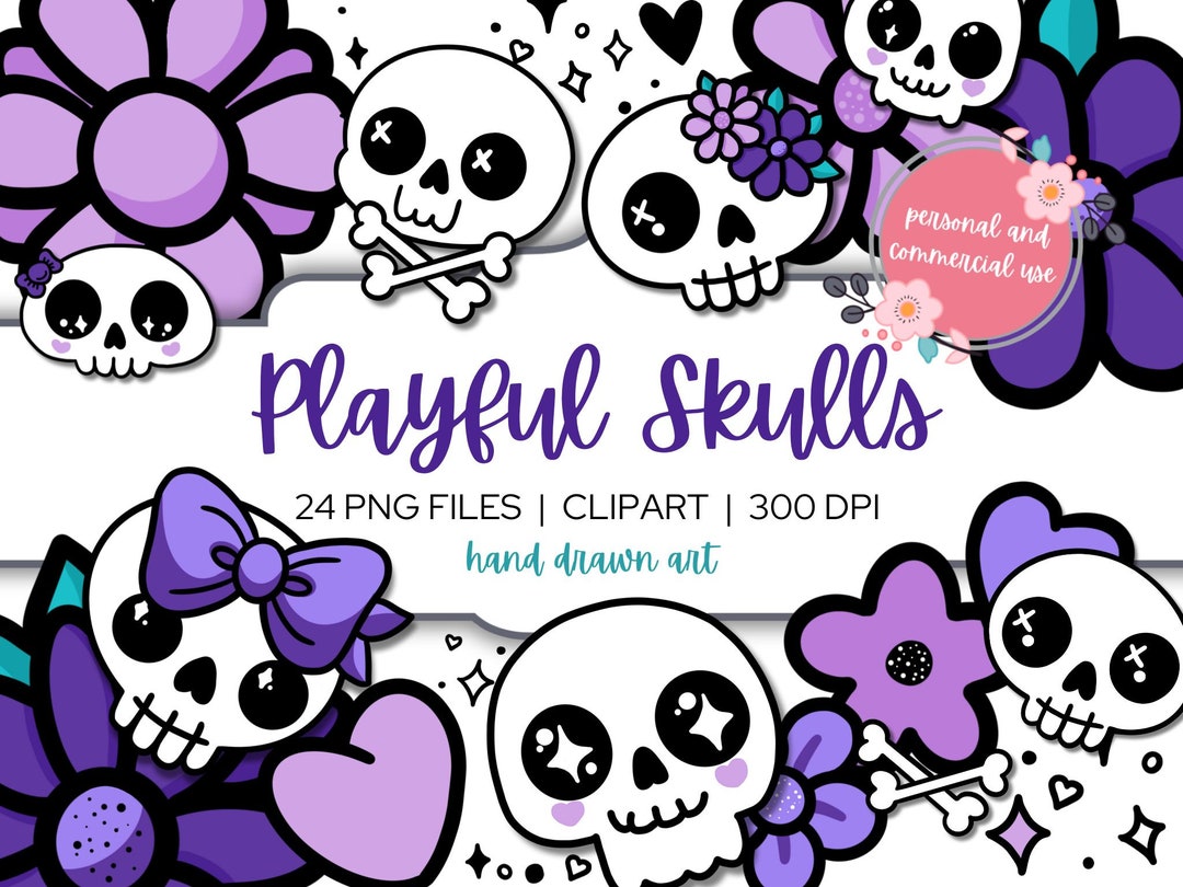 Cute Halloween Clipart, Happy Hand-drawn Skulls, Purple Flowers, and ...