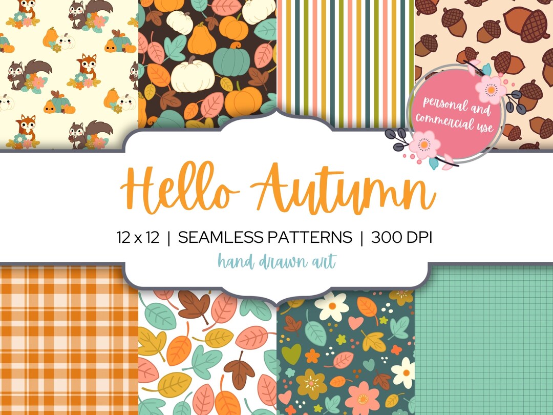 Cute Fall Seamless Digital Paper, Autumn Patterns, Hand-drawn Squirrels ...