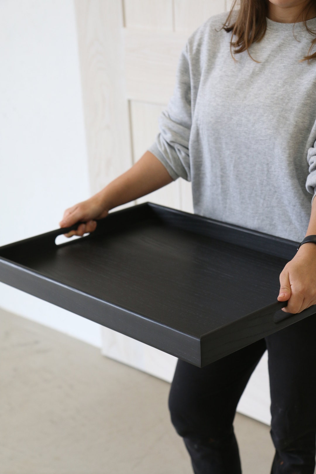 Large Black Footstool Tray With Handles, Wooden Serving Breakfast Tray ...