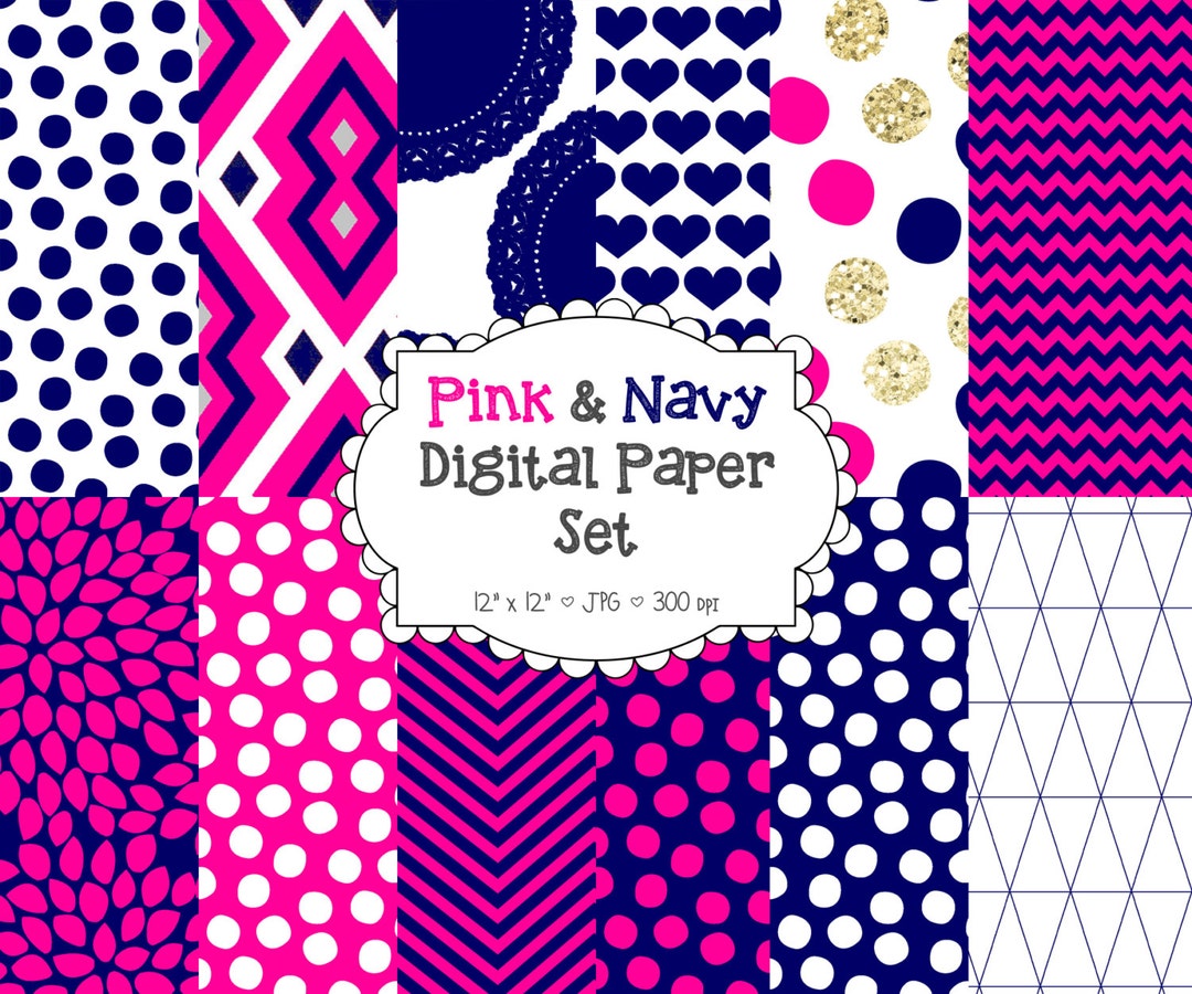 Pink and Navy Pattern Digital Paper Set - Modern Digital Paper ...