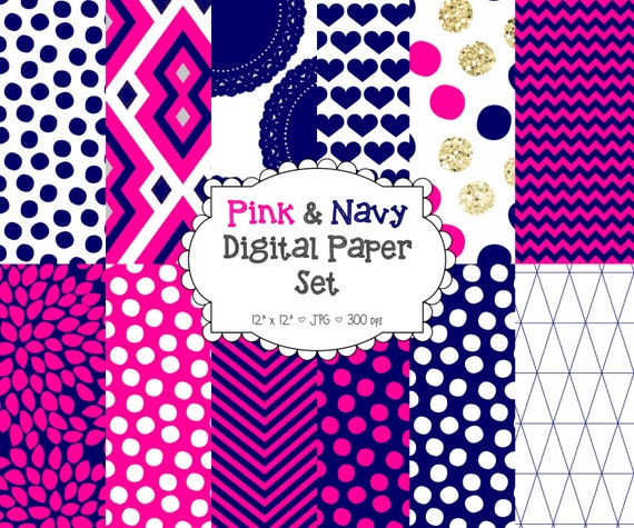 Pink and Navy Pattern Digital Paper Set Modern Digital Paper | Etsy