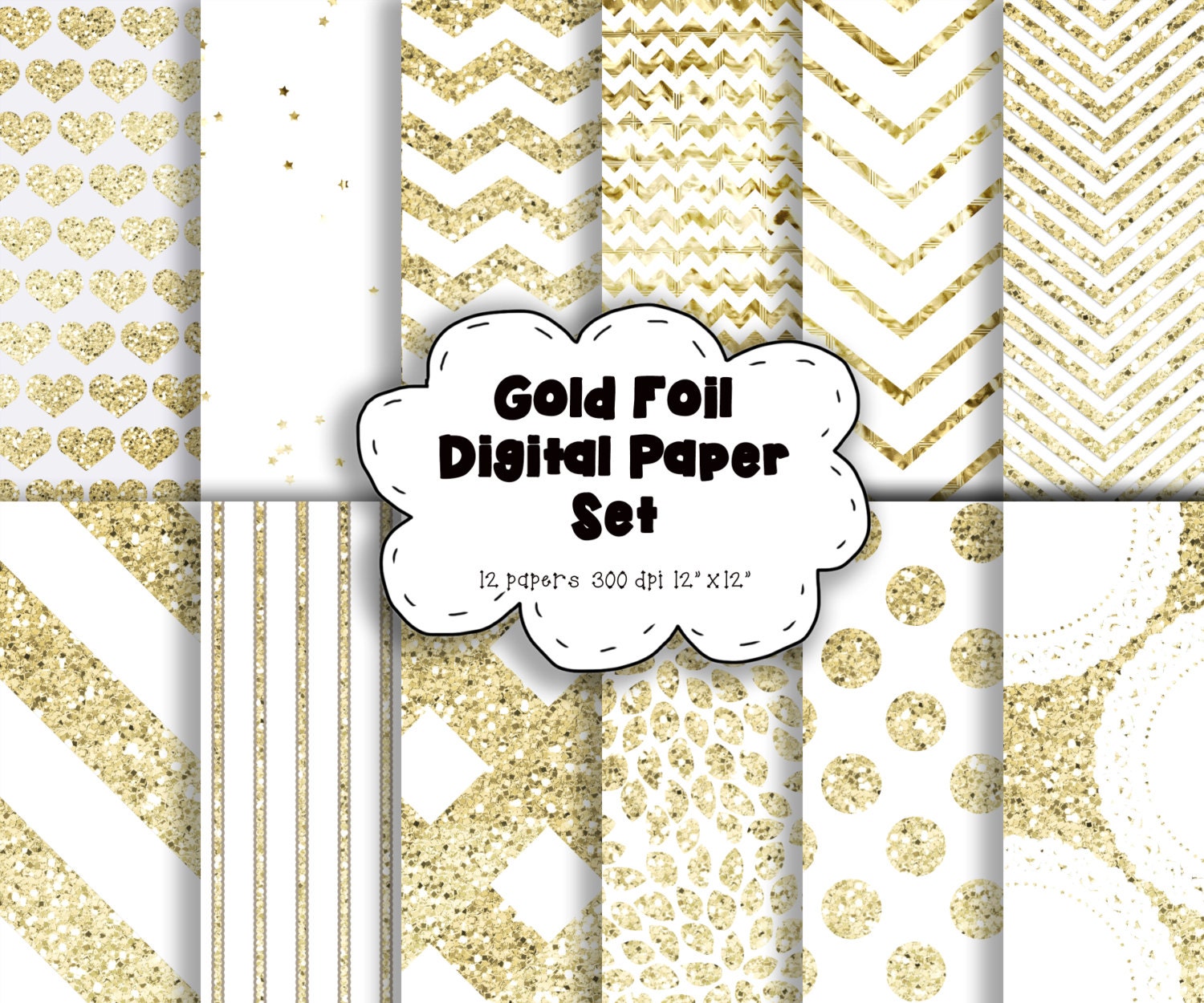 Foil Glitter Pattern Digital Paper - GOLD & WHITE - Glitter Digital ...
