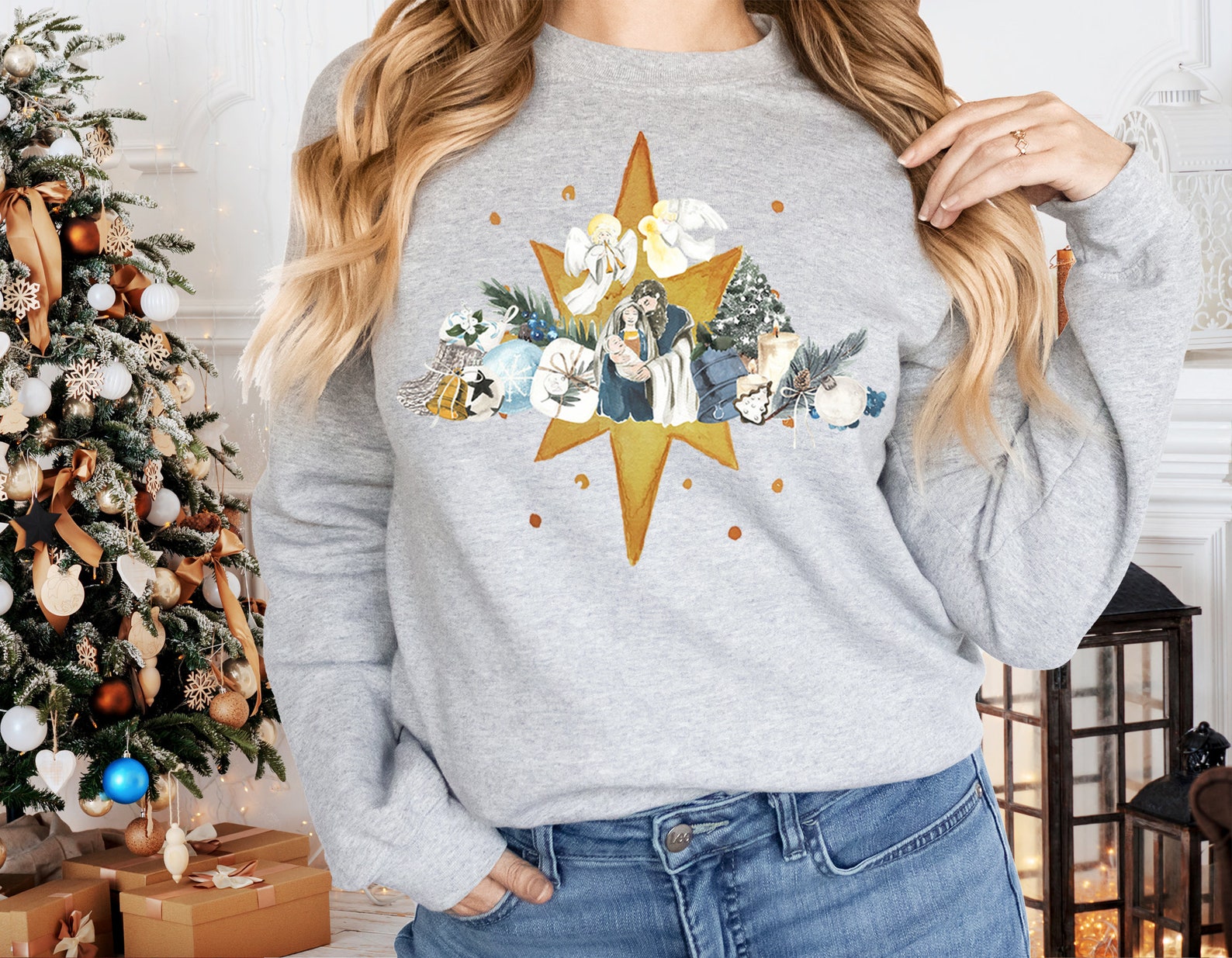 Blue Christmas Nativity and Favorite Christmas Decorations Sweatshirt ...