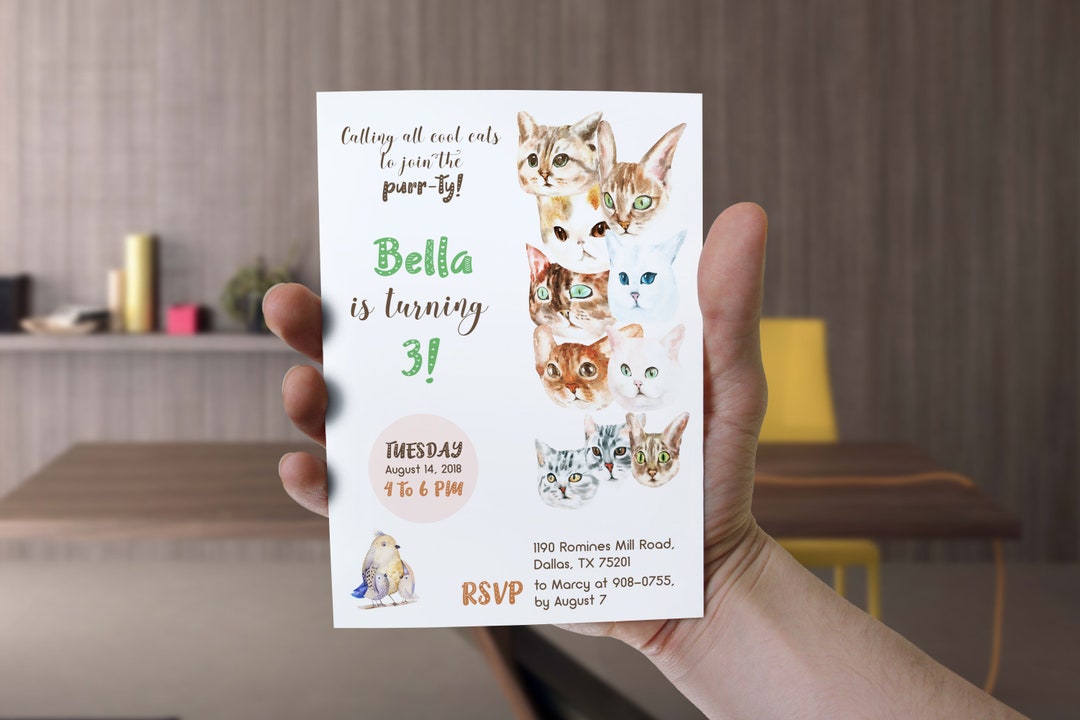 Cat Invitation, Cat Birthday Invitation, Cat Invite, Kitty Party Invite ...