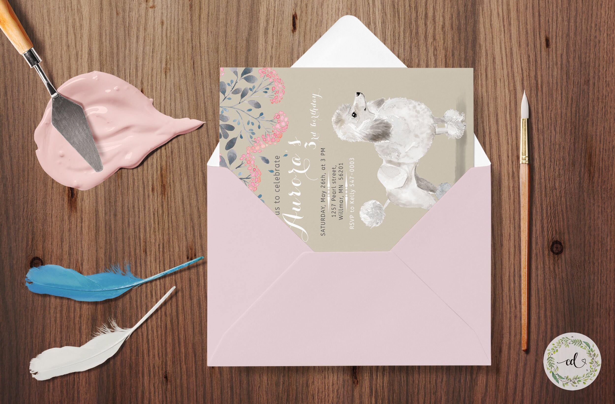 Poodle Dog Birthday Party Invitation Card, Poodle Watercolor Art ...