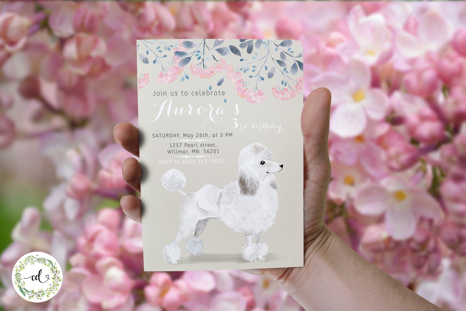 Poodle Dog Birthday Party Invitation Card, Poodle Watercolor Art ...