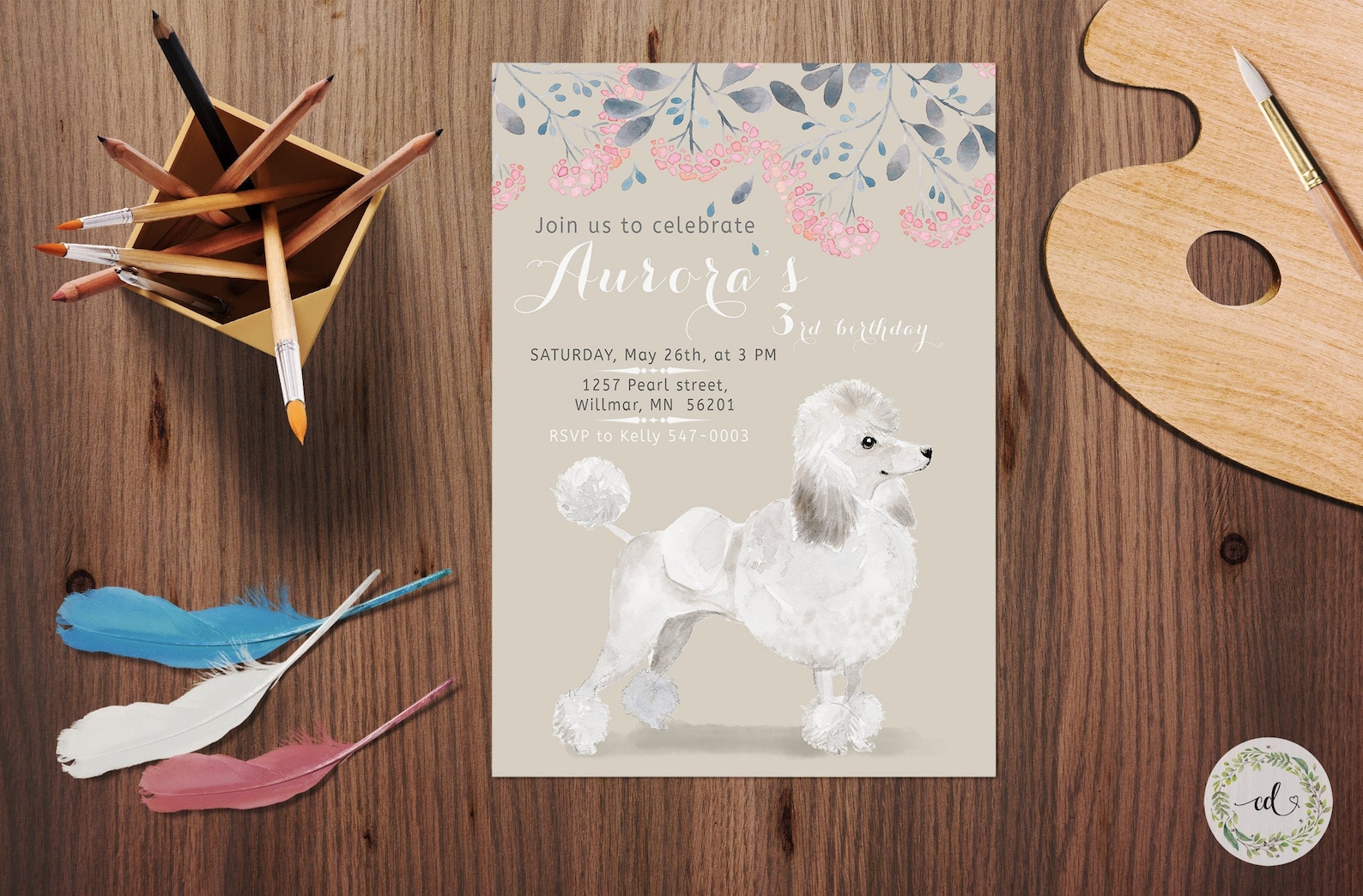 Poodle Dog Birthday Party Invitation Card, Poodle Watercolor Art ...