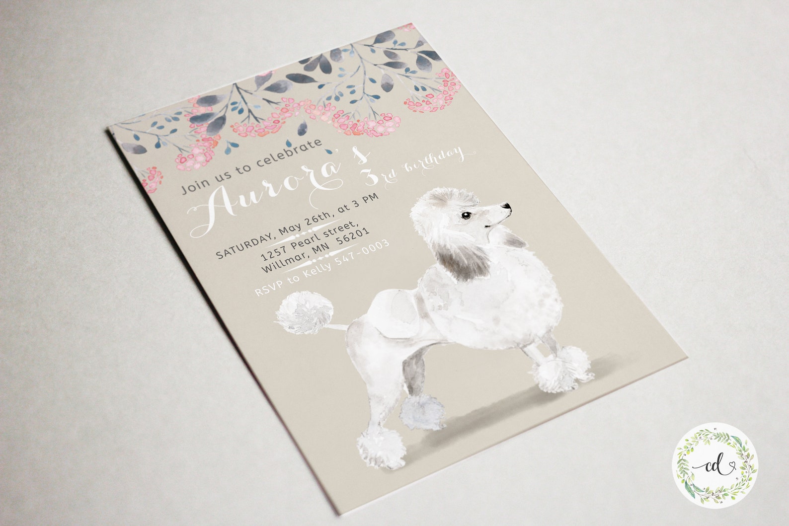 Poodle Dog Birthday Party Invitation Card, Poodle Watercolor Art ...