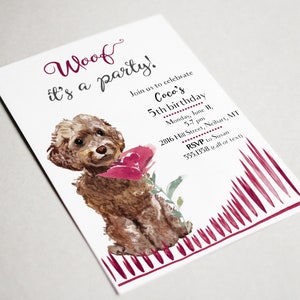Brown Cockapoo Dog Birthday Party Invitation Card, Watercolor Cockapoo ...