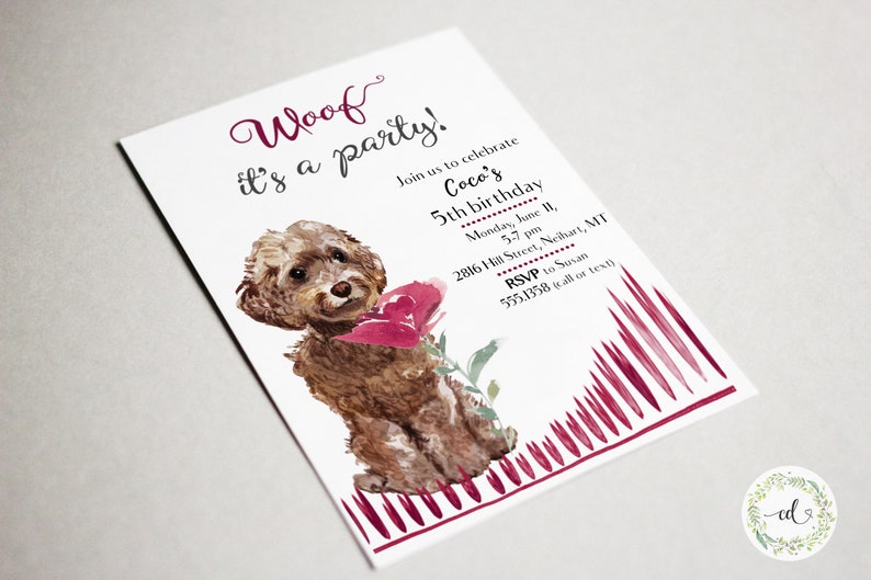 Brown Cockapoo Dog Birthday Party Invitation Card Watercolor - Etsy