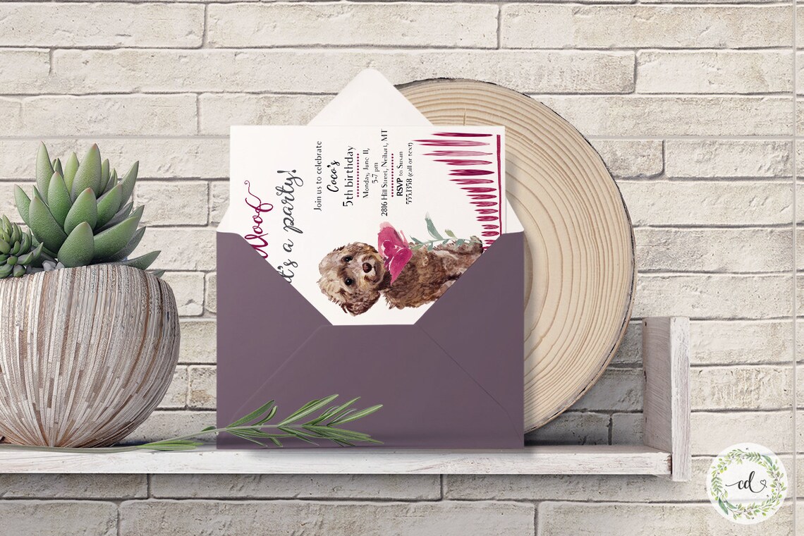 Brown Cockapoo Dog Birthday Party Invitation Card Watercolor - Etsy