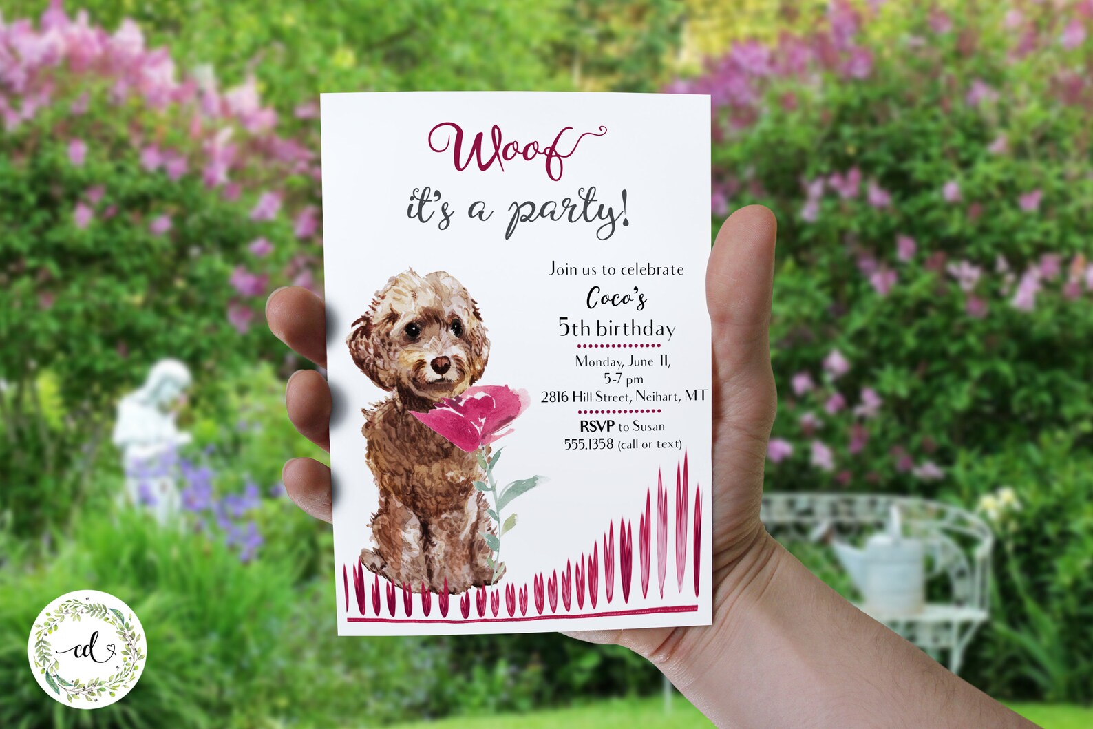 Brown Cockapoo Dog Birthday Party Invitation Card Watercolor - Etsy