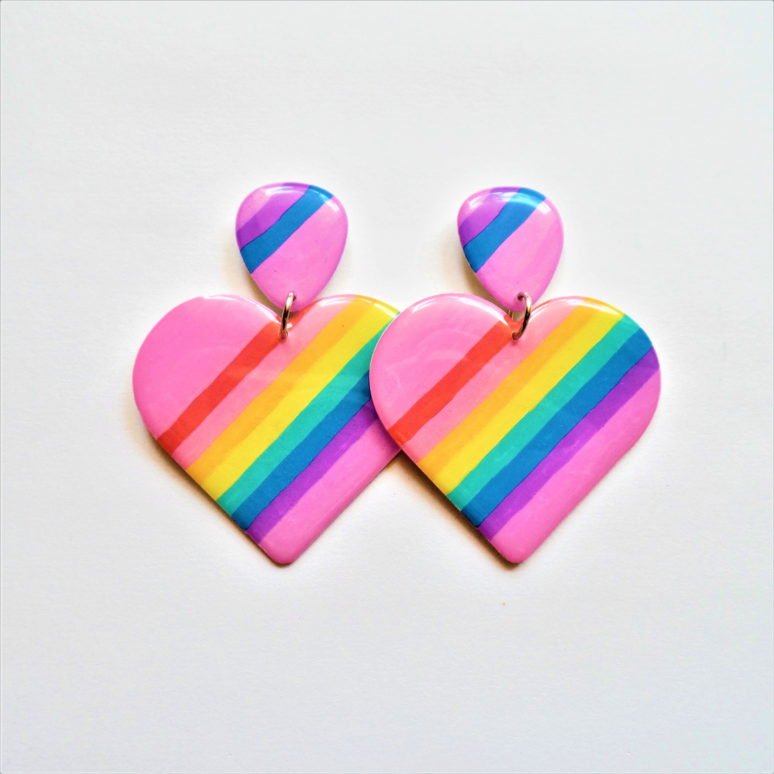 Pastel Pink Rainbow Stripe Dangle Heart Earrings Etsy