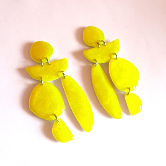 Neon Yellow Statement Earrings Handmade Specialty Paint With Unique Patterns Etsy
